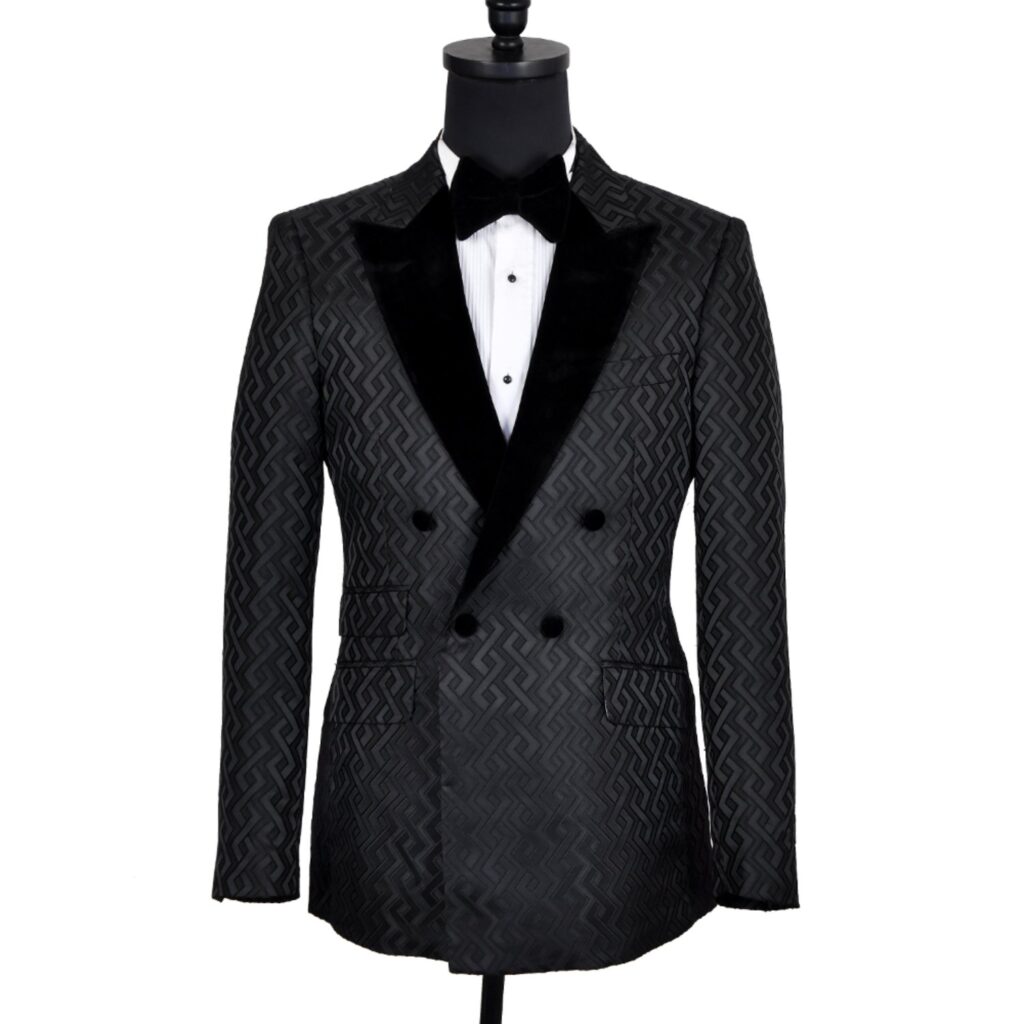 Alfredo Retro Pattern Velvet Peak Lapel Tuxedo – Black – David Wej UK