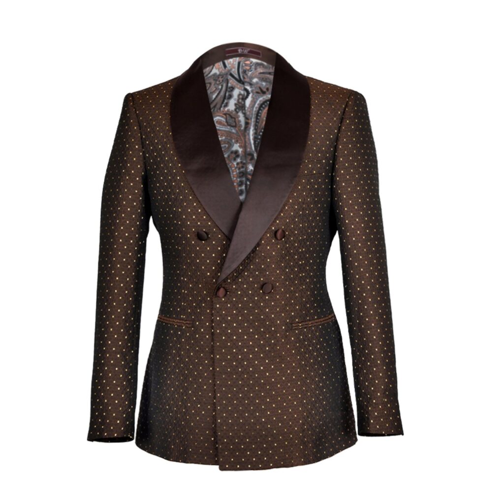 DW Signature Double Breasted Shawl Lapel Dotted Jacquard Tuxedo – Brown ...