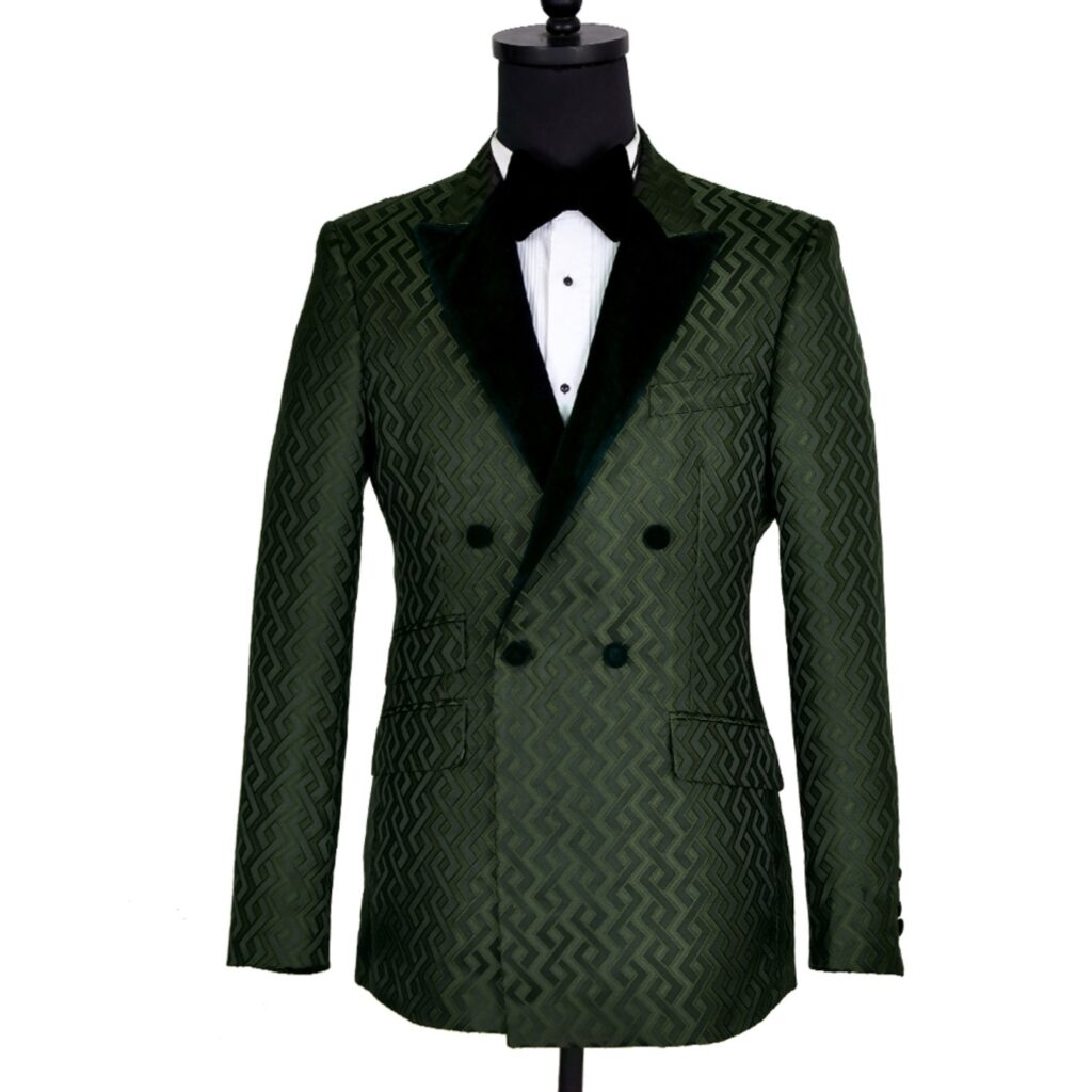 Alfredo Retro Pattern Velvet Peak Lapel Tuxedo – Green – David Wej UK