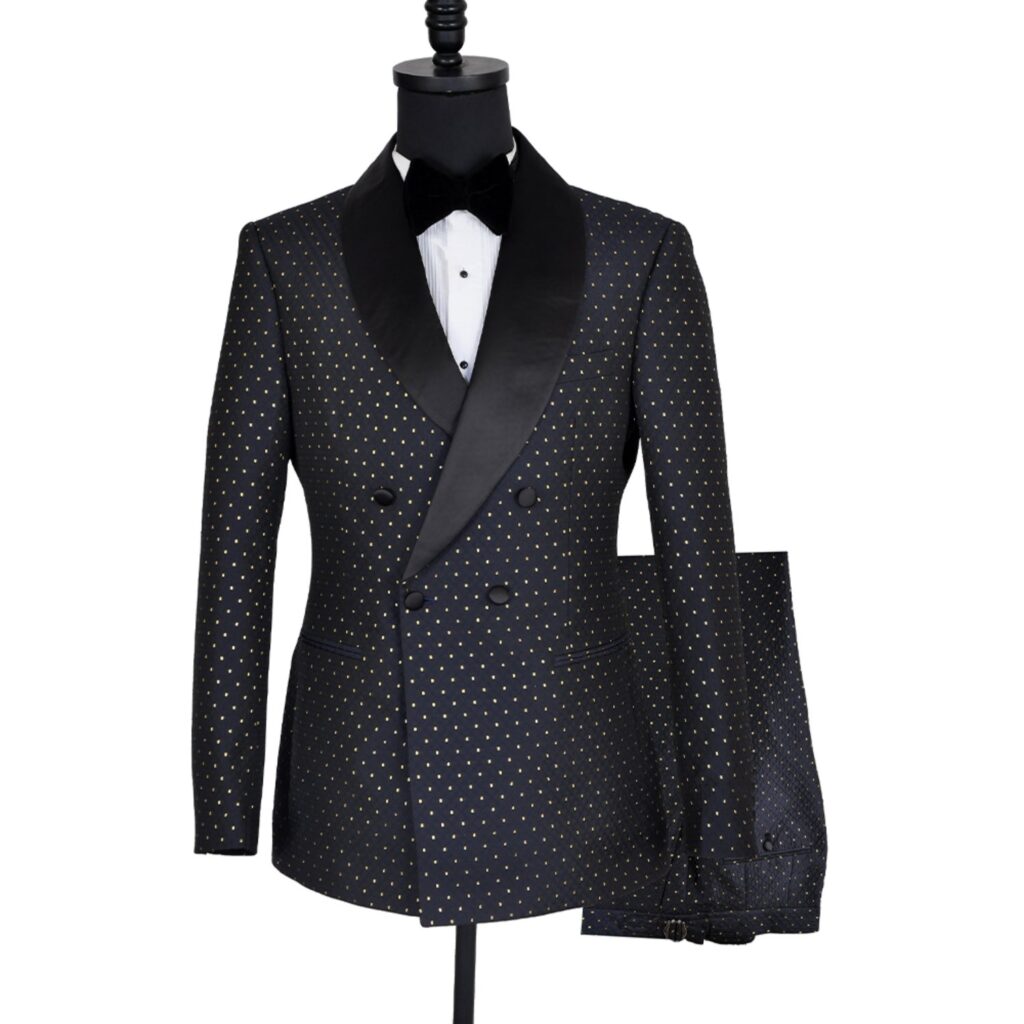 DW Signature Double Breasted Shawl Lapel Dotted Jacquard Tuxedo – Navy ...